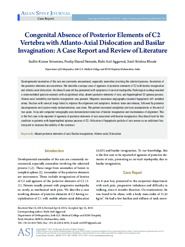 (PDF) Congenital Absence of Posterior Elements of C2 Vertebra with ...