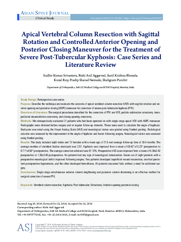 (PDF) Apical Vertebral Column Resection with Sagittal Rotation and ...