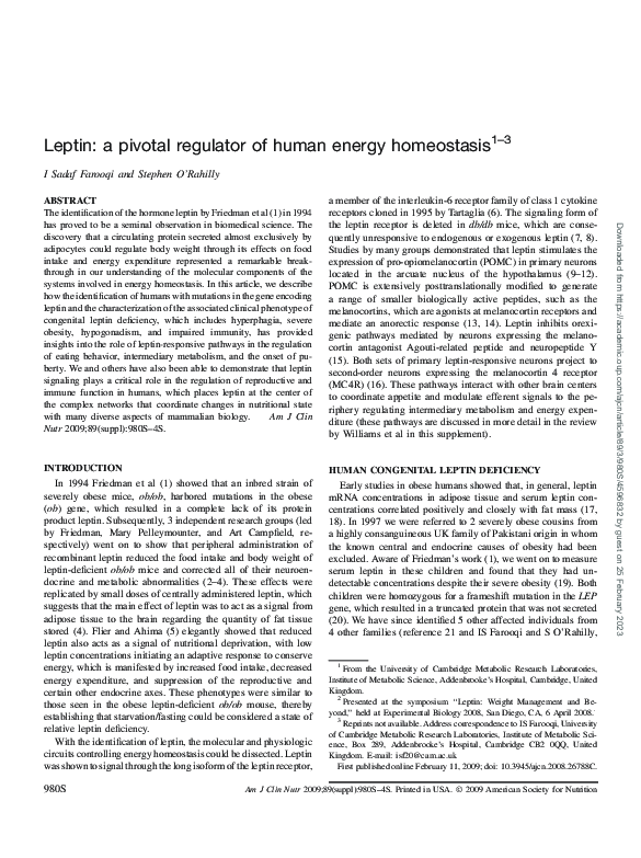 (PDF) Leptin: a pivotal regulator of human energy homeostasis
