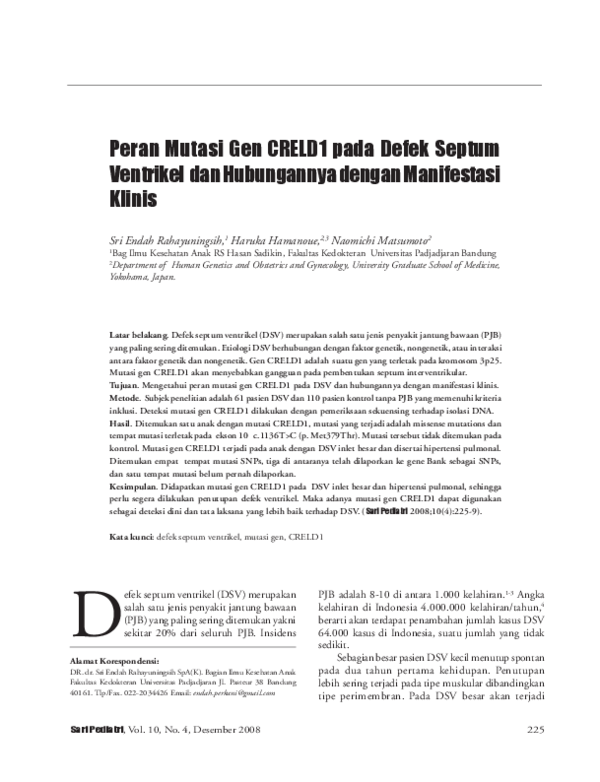 (PDF) Peran Mutasi Gen CRELD1 pada Defek Septum Ventrikel dan ...