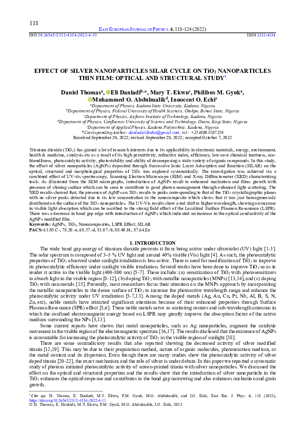 (PDF) Effect of Silver Nanoparticles SILAR Cycle on TiO2 Nanoparticles Thin Film: Optical and ...