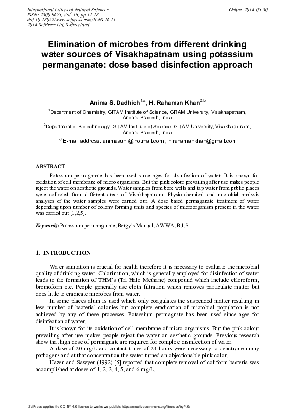(PDF) Elimination of Microbes from Different Drinking Water Sources of Visakhapatnam Using ...