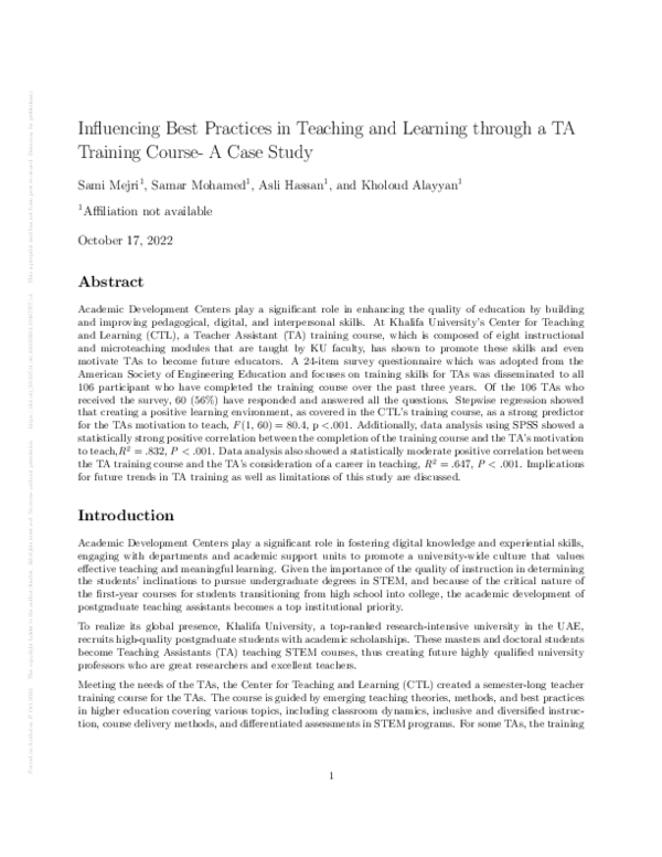 (PDF) Influencing Best Practices in Teaching and Learning through a TA ...
