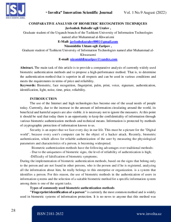 (PDF) Comparative Analysis of Biometric Recognition Techniques (PDF) Comparative Analysis of Biometric Recognition Techniques