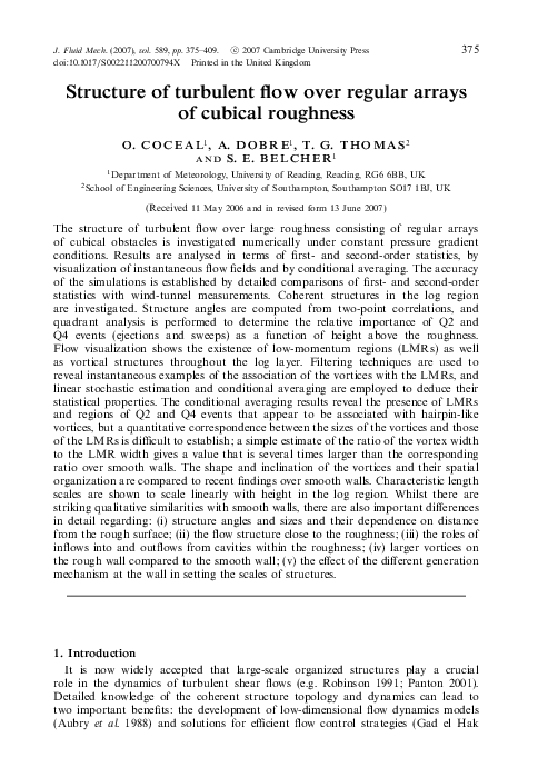(PDF) Structure of turbulent flow over regular arrays of cubical roughness