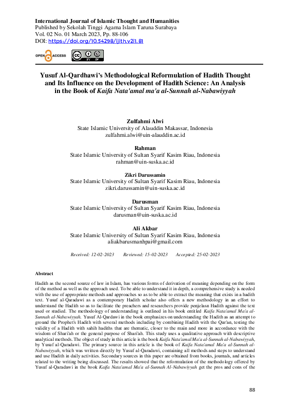 (PDF) Yusuf Al-Qardhawi’s Methodological Reformulation of Hadith ...