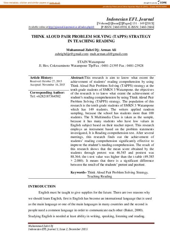 (PDF) Think Aloud Pair Problem Solving (Tapps) Strategy in Teaching Reading | Arman Ali ...