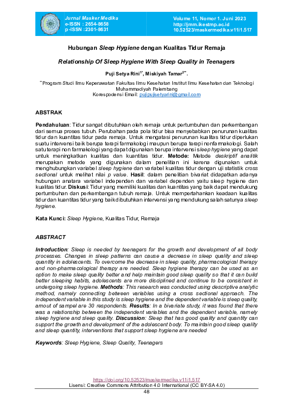 (PDF) Hubungan Sleep Hygiene dengan Kualitas Tidur