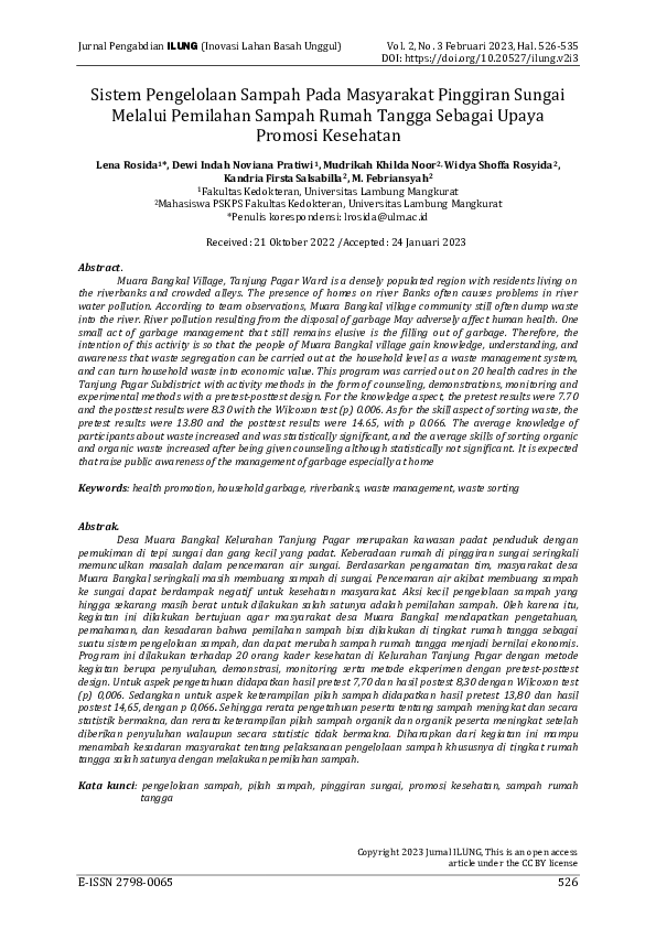 (PDF) Sistem Pengelolaan Sampah pada Masyarakat Pinggiran Sungai melalui Pemilahan Sampah Rumah ...