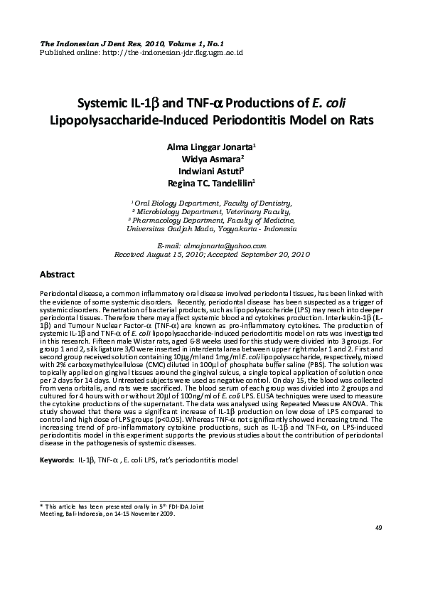 (PDF) Lipopolysaccharide-Induced Periodontitis Model on Rats