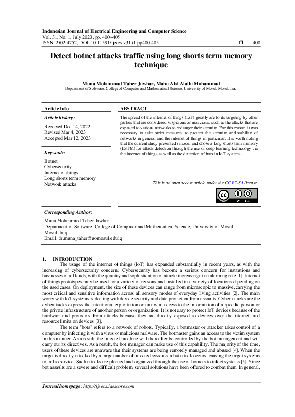 Pdf Detect Botnet Attacks Traffic Using Long Shorts Term Memory Technique