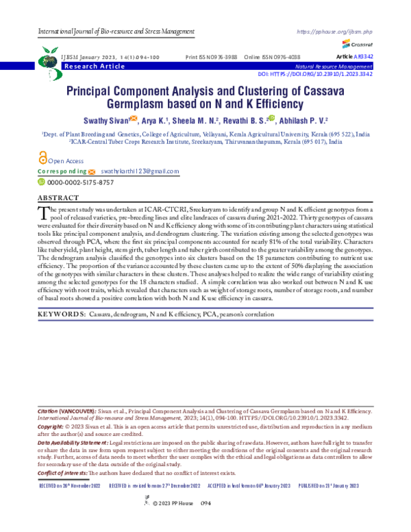 (PDF) Principal Component Analysis and Clustering of Cassava Germplasm based on N and K Efficiency