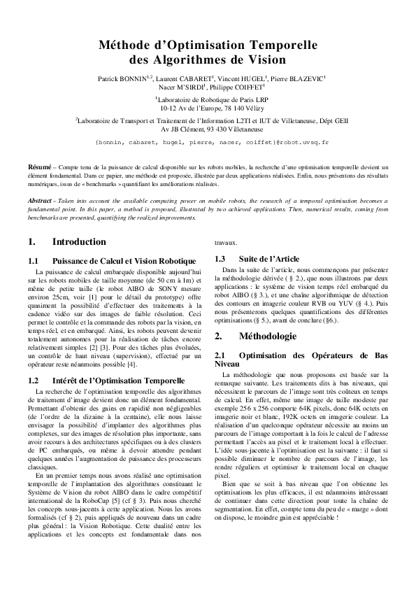 (PDF) Méthode d'optimisation temporelle des algorithmes de vision | Patrick Bonnin - Academia.edu