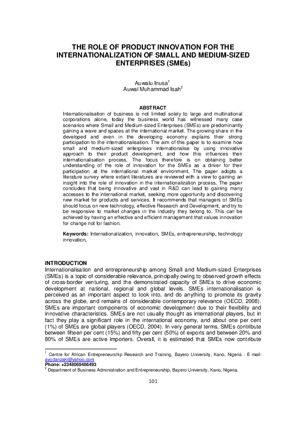 (PDF) The role of product innovation for the internationalization of small and medium-sized ...