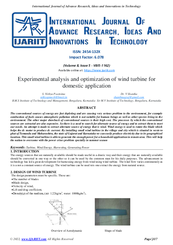 Pdf Experimental Analysis And Optimization Of Wind Turbine For Domestic Application
