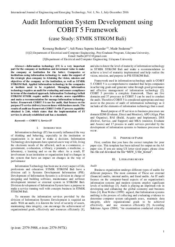(PDF) Audit Information System Development using COBIT 5 Framework (case Study: STMIK STIKOM Bali)
