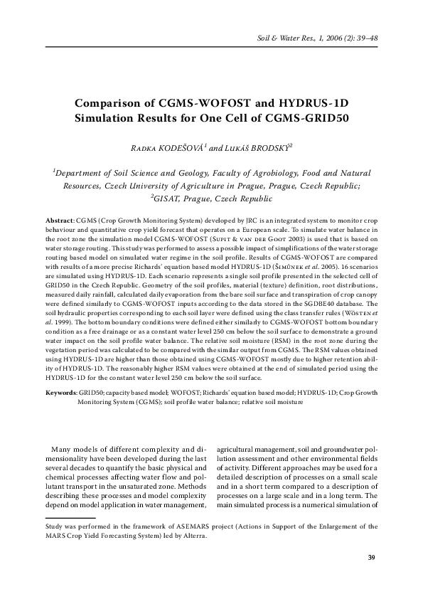 (PDF) Comparison of CGMS-WOFOST and HYDRUS-1D Simulation Results for ...