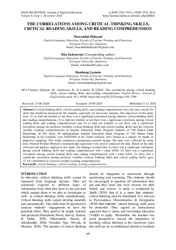 (PDF) The correlations among critical thinking skills, critical reading skills and reading ...
