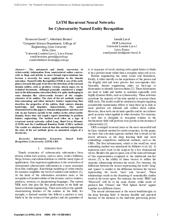Pdf Lstm Recurrent Neural Networks For Cybersecurity Named Entity Recognition Aziz Bouras