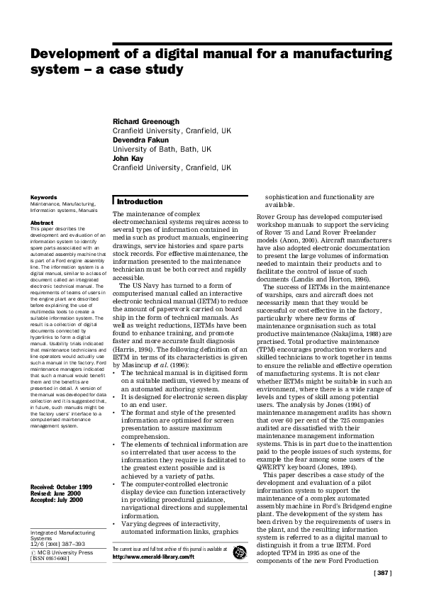 (PDF) Development of a digital manual for a manufacturing system – a ...