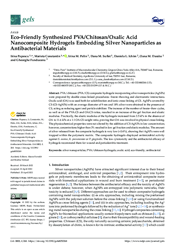 (PDF) Eco-Friendly Synthesized PVA/Chitosan/Oxalic Acid Nanocomposite Hydrogels Embedding Silver ...