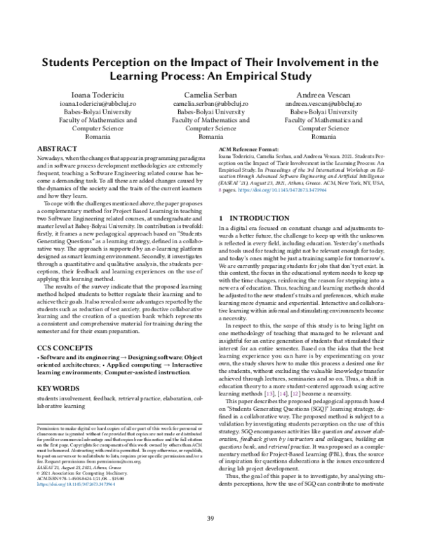 (PDF) Students perception on the impact of their involvement in the learning process: an ...