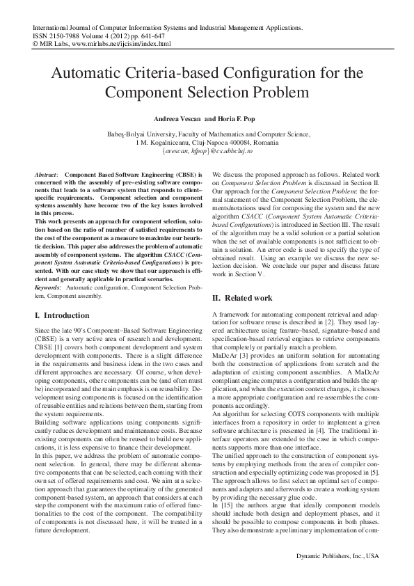(PDF) Automatic Criteria-based Configuration for the Component Selection Problem