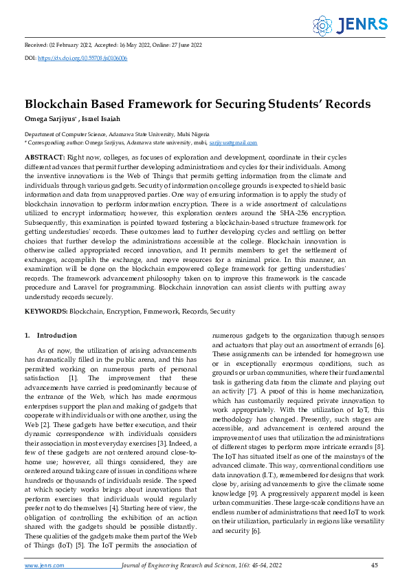 (PDF) Blockchain Based Framework for Securing Students’ Records