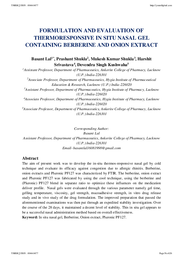 (PDF) FORMULATION AND EVALUATION OF THERMORESPONSIVE IN SITU NASAL GEL CONTAINING BERBERINE AND ...