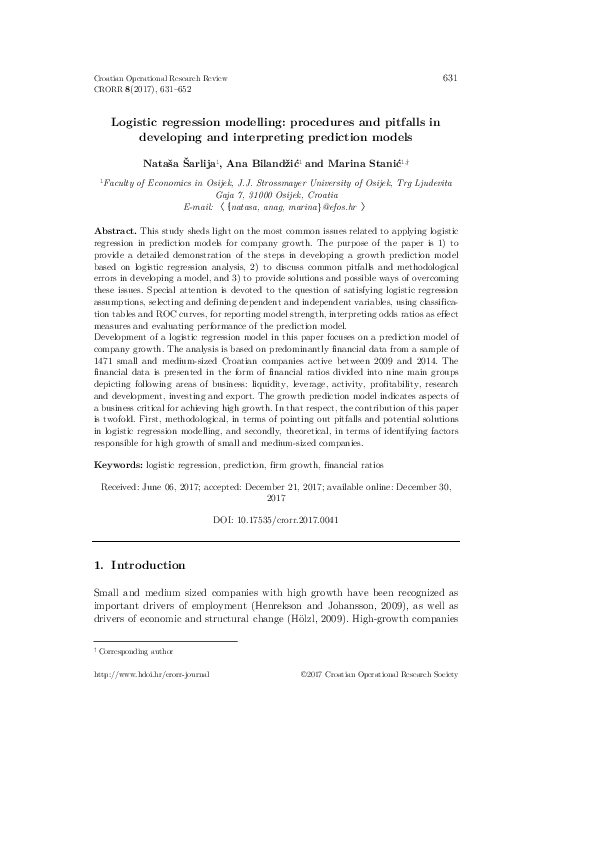 (PDF) Logistic regression modelling: procedures and pitfalls in developing and interpreting ...