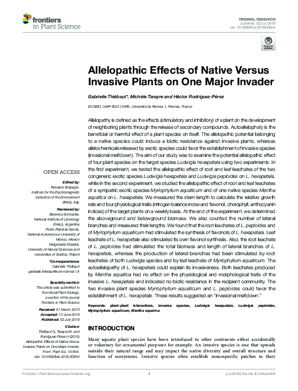 (PDF) Allelopathic Effects of Native Versus Invasive Plants on One ...