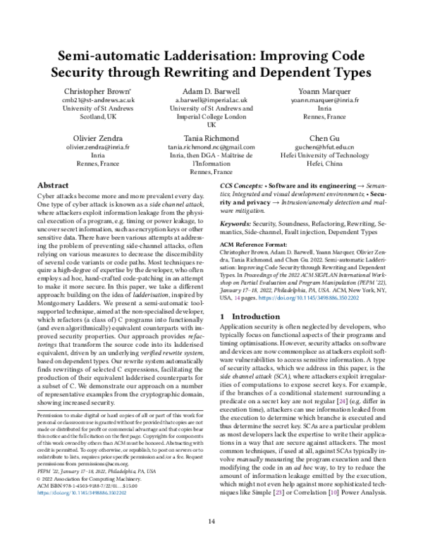 (PDF) Semi-automatic ladderisation: improving code security through rewriting and dependent types