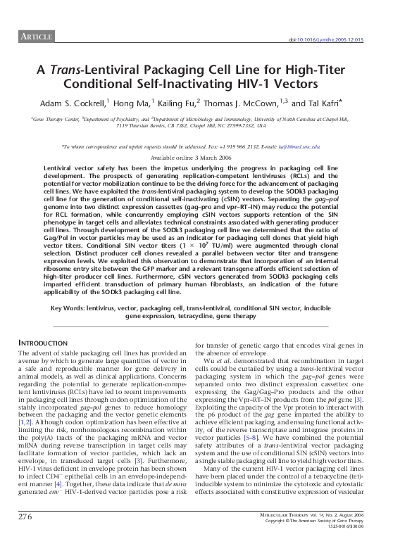 (PDF) A trans-lentiviral packaging cell line for high-titer conditional ...
