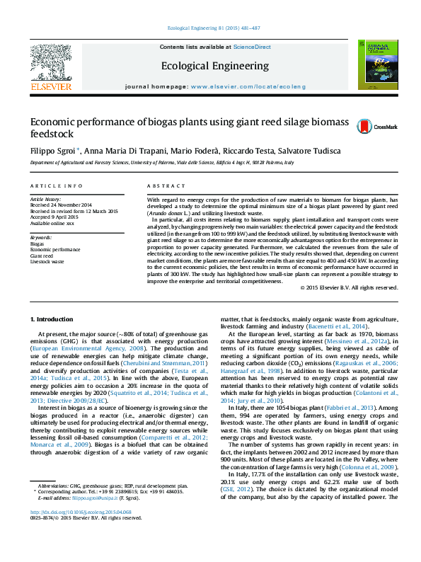 (PDF) Economic performance of biogas plants using giant reed silage ...