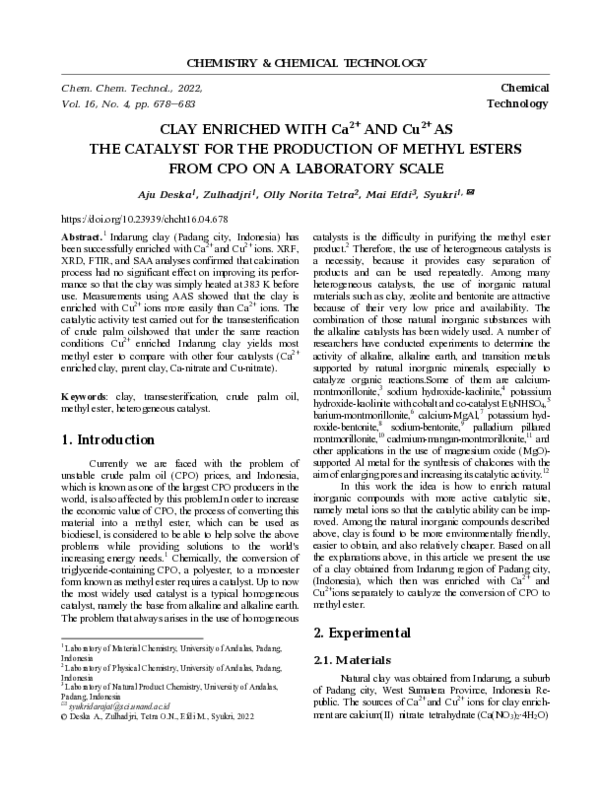 (PDF) Clay Enriched With Ca2+ and Cu2+ As the Catalyst for the ...