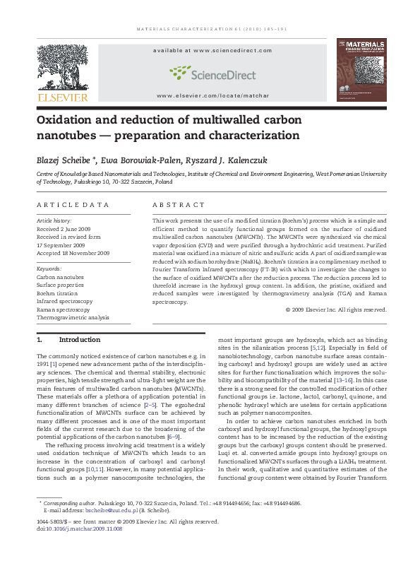 (PDF) Oxidation and reduction of multiwalled carbon nanotubes — preparation and characterization