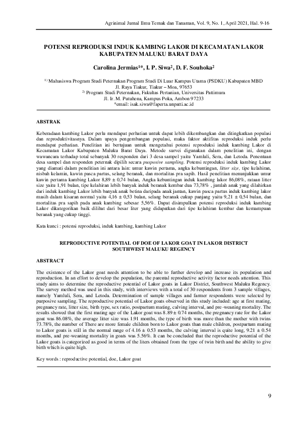 (PDF) Reproductive Potential of the Lakor Goat in Lakor Island ...
