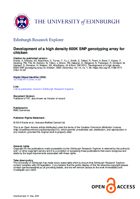 Pdf Development Of A High Density 600k Snp Genotyping Array For Chicken