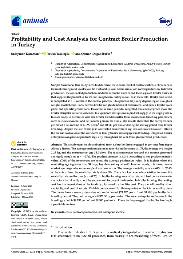 (PDF) Profitability and Cost Analysis for Contract Broiler Production in Turkey