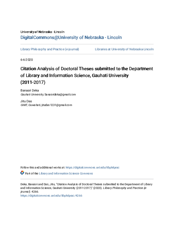Pdf Citation Analysis Of Doctoral Theses Submitted To The Department Of Library And