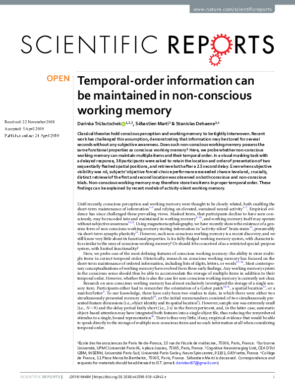 (PDF) Non-Conscious Working Memory for Temporal Order