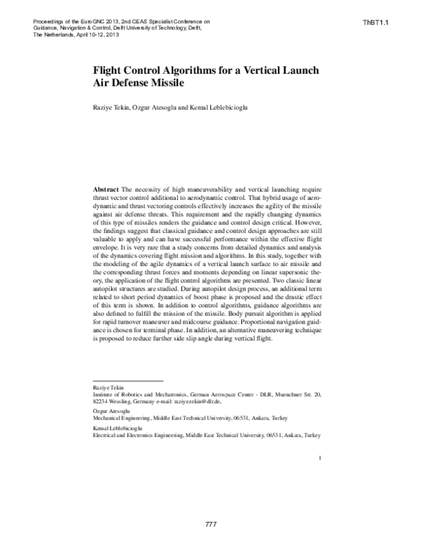 (PDF) Flight Control Algorithms for a Vertical Launch Air Defense Missile