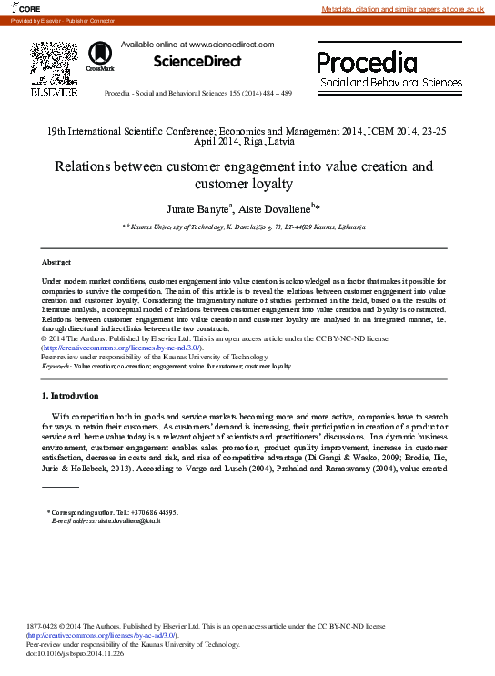 (PDF) Relations between Customer Engagement into Value Creation and Customer Loyalty