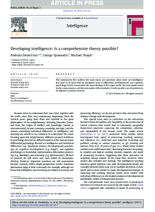 (PDF) Developing intelligence: Is a comprehensive theory possible?