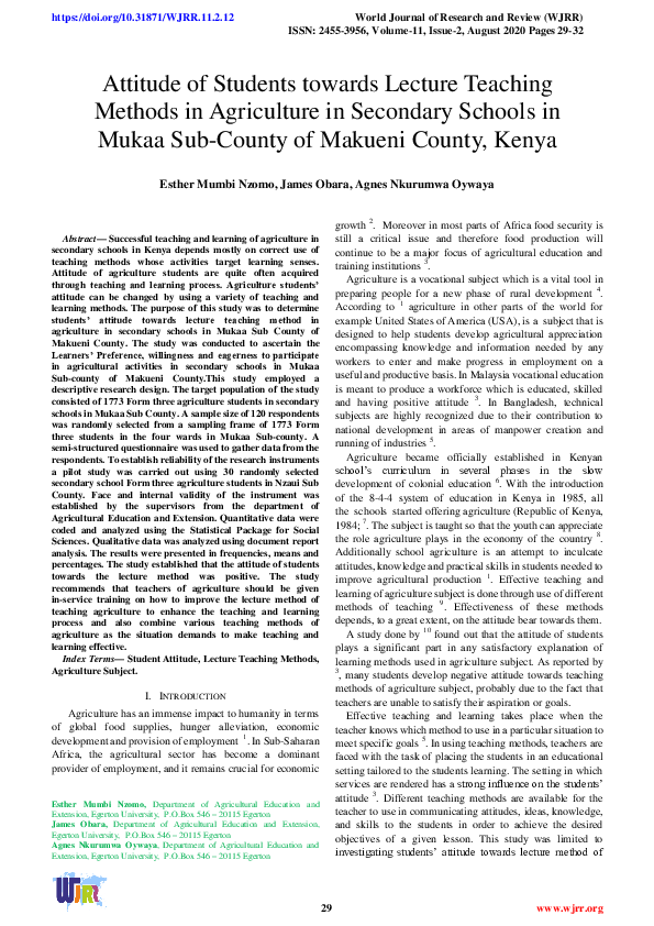 (PDF) Attitude of Students towards Lecture Teaching Methods in Agriculture in Secondary Schools ...