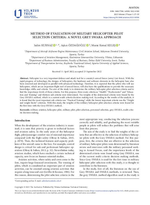 (PDF) Method of Evaluation of Military Helicopter Pilot Selection Criteria: A Novel Grey SWARA ...