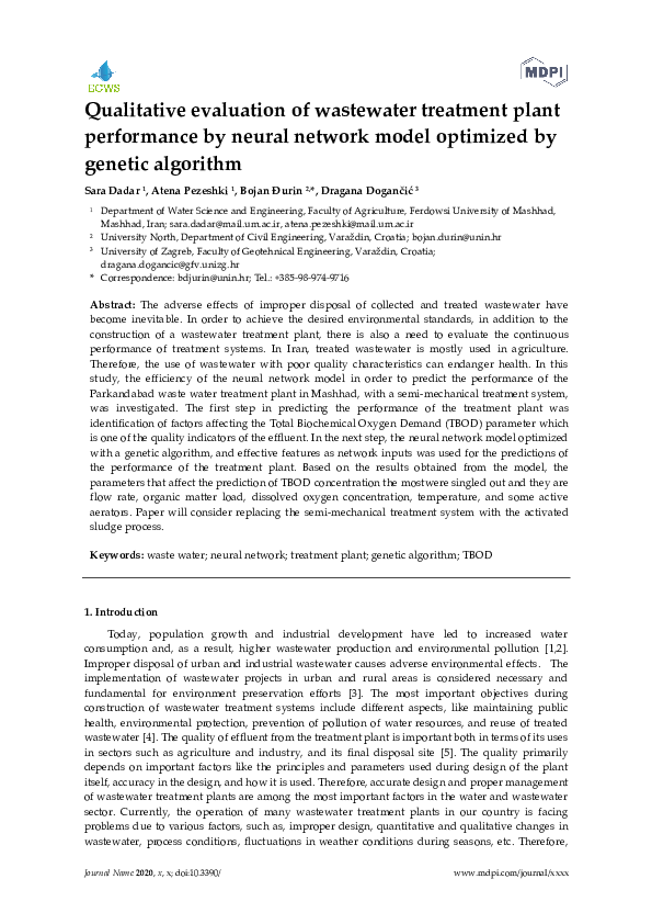 (PDF) Qualitative evaluation of wastewater treatment plant performance by a neural network model ...