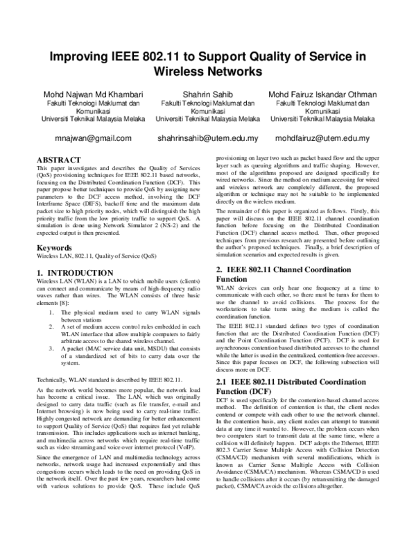 (PDF) Improving IEEE 802.11 to Support Quality of Service in Wireless Networks