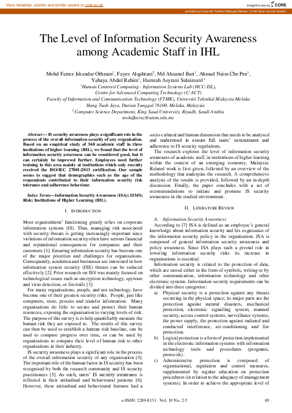 (PDF) The Level of Information Security Awareness among Academic Staff ...