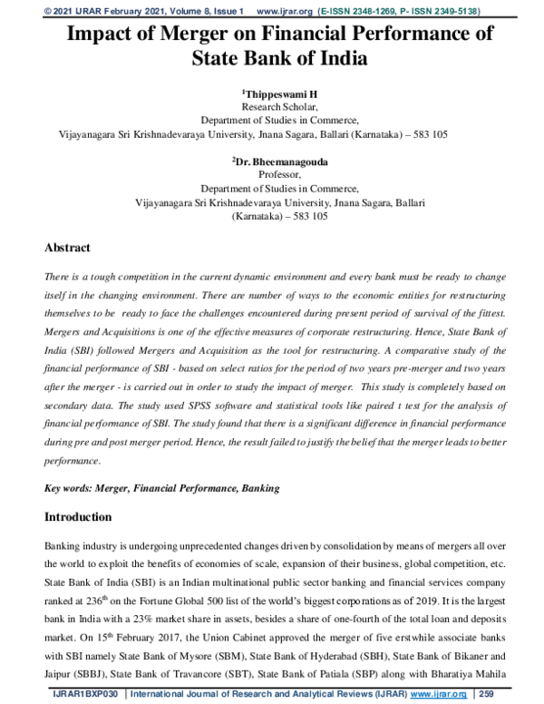 (PDF) Impact of Merger on Financial Performance of State Bank of India